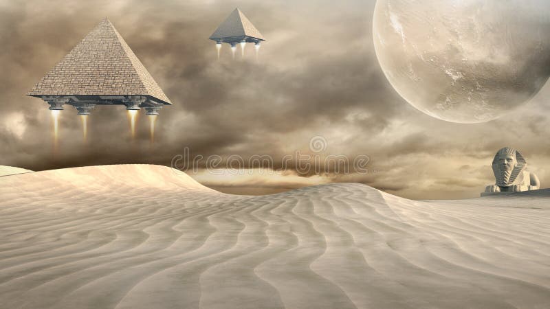 Sphinx and flying pyramids stock illustration. Illustration of ...