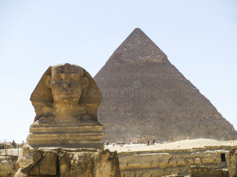 Sphinx and Great Pyramid in Giza, Egypt Stock Image - Image of blue ...