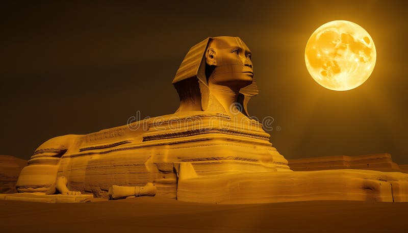 Sphinx and Moon Night Scene, Ancient Egypt Monument and Lunar Glow ...