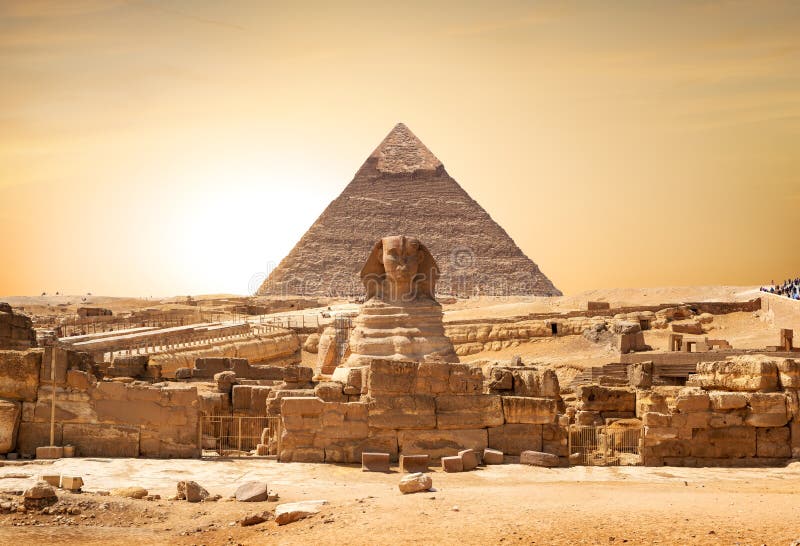 Sphinx and pyramid stock photo. Image of empty, heat - 144188410