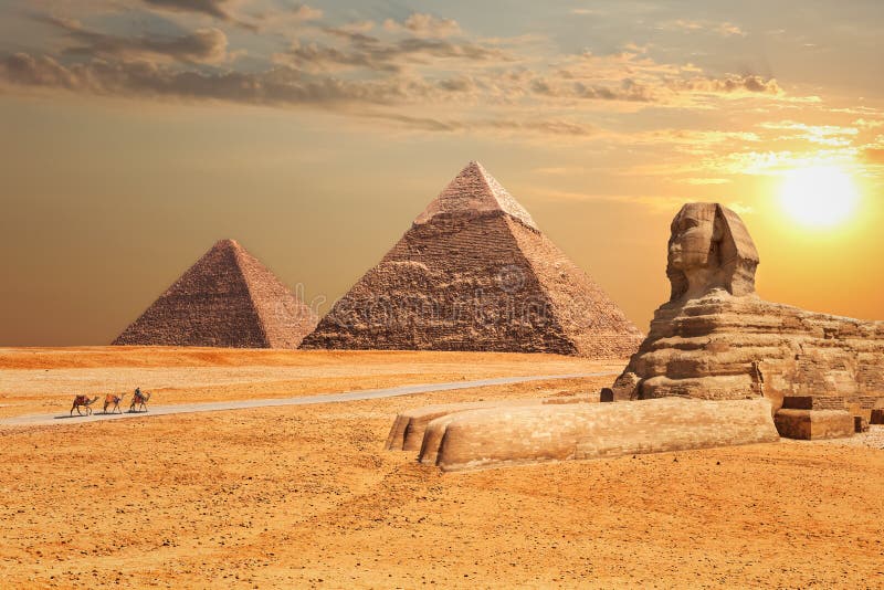 The Sphinx and the Pyramids at Sunset in Giza Stock Photo - Image of ...