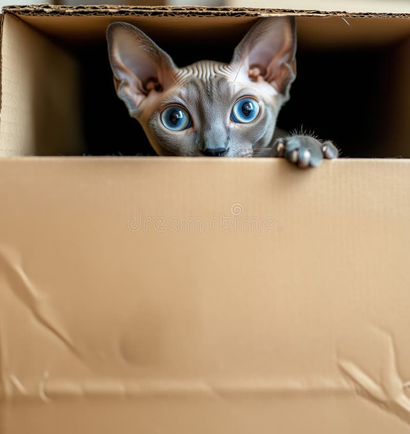 Sphynx Cat Peeking from Cardboard Box, Curious Expression, Bright Blue ...