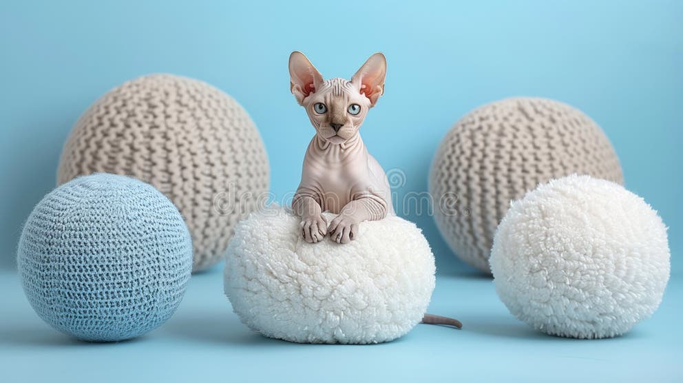 Sphynx Cat Sitting on Easter Eggs on Blue Background Stock Photo ...
