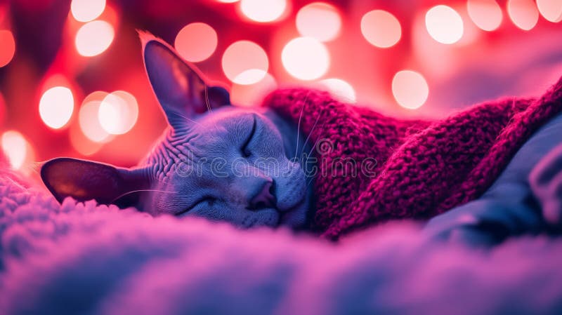 Sphynx Cat Sleeping Peacefully Under Festive Lights Stock Illustration ...