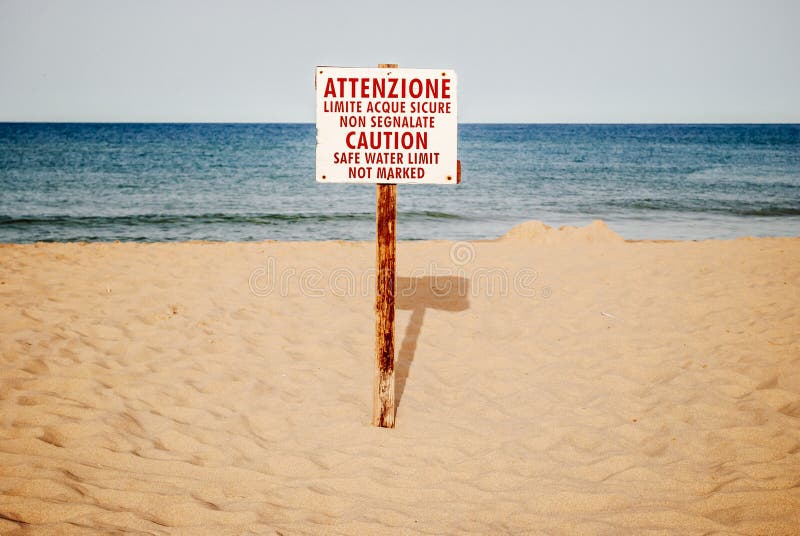 Seaside Warning Sign at the Beach in the Early Summer Morning. Stock ...