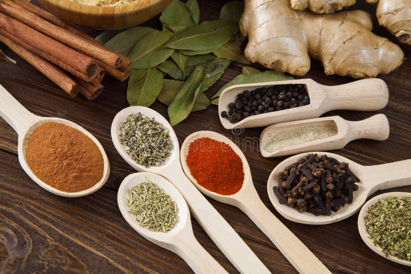 Spice Assortment on a Wooden Table Stock Photo - Image of kitchen, food ...