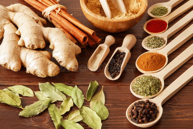 Spice Assortment on a Wooden Table Stock Image - Image of fresh, aroma ...