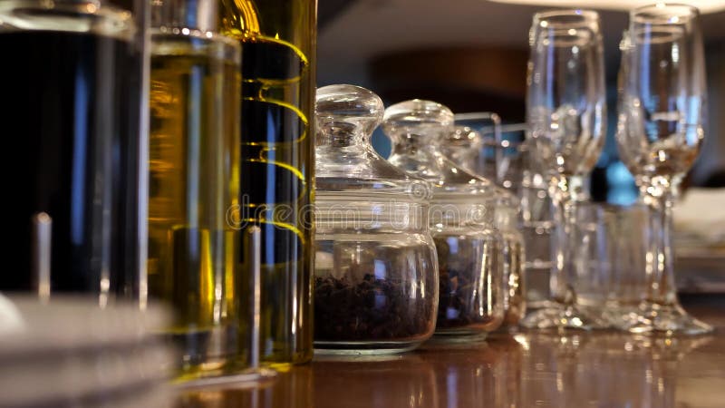 Spice Containers on the Bar Counter Stock Video - Video of white, glass ...