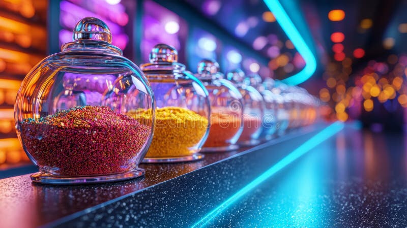 Spice Containers, Each Holding a Vividly Colored Powder or Dried Herb ...