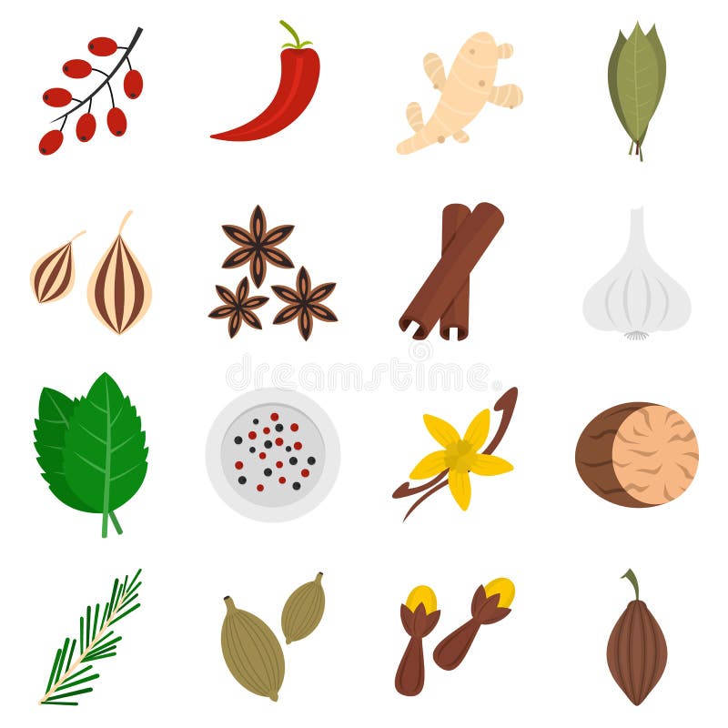 Spice Icons Set in Flat Style Stock Vector - Illustration of leaf ...