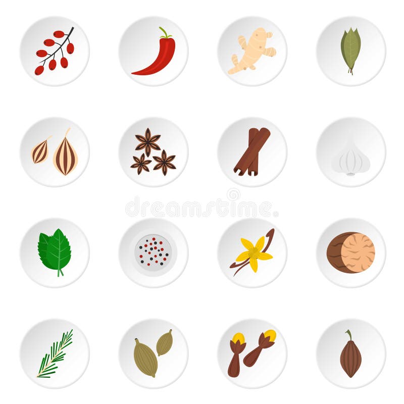 Spice Icons Set in Flat Style Stock Vector - Illustration of leaf, herb ...
