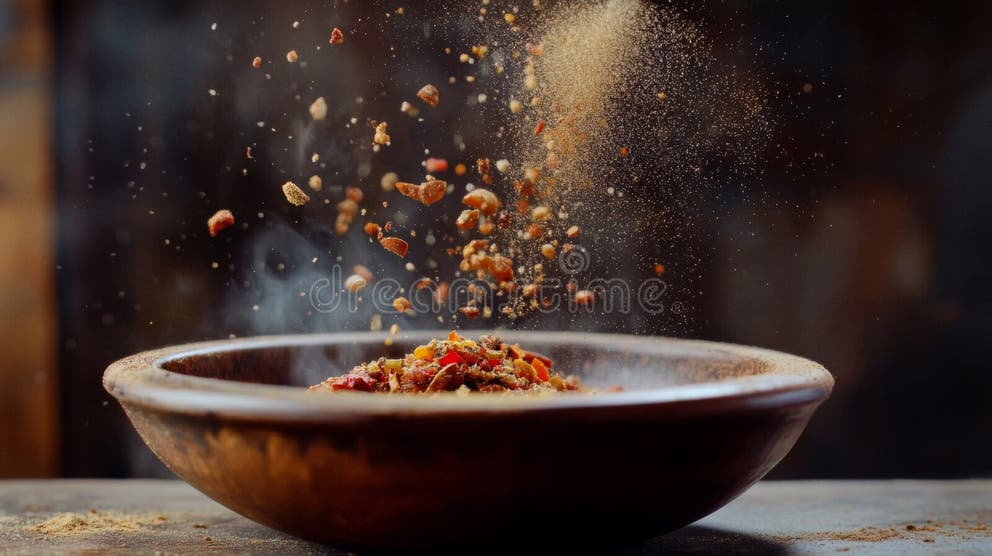 Spice Mixture Falling into Wooden Bowl Stock Illustration ...