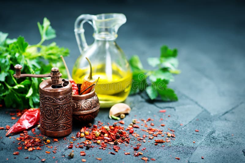 Spice and oil stock image. Image of overhead, green, herbal - 89686777