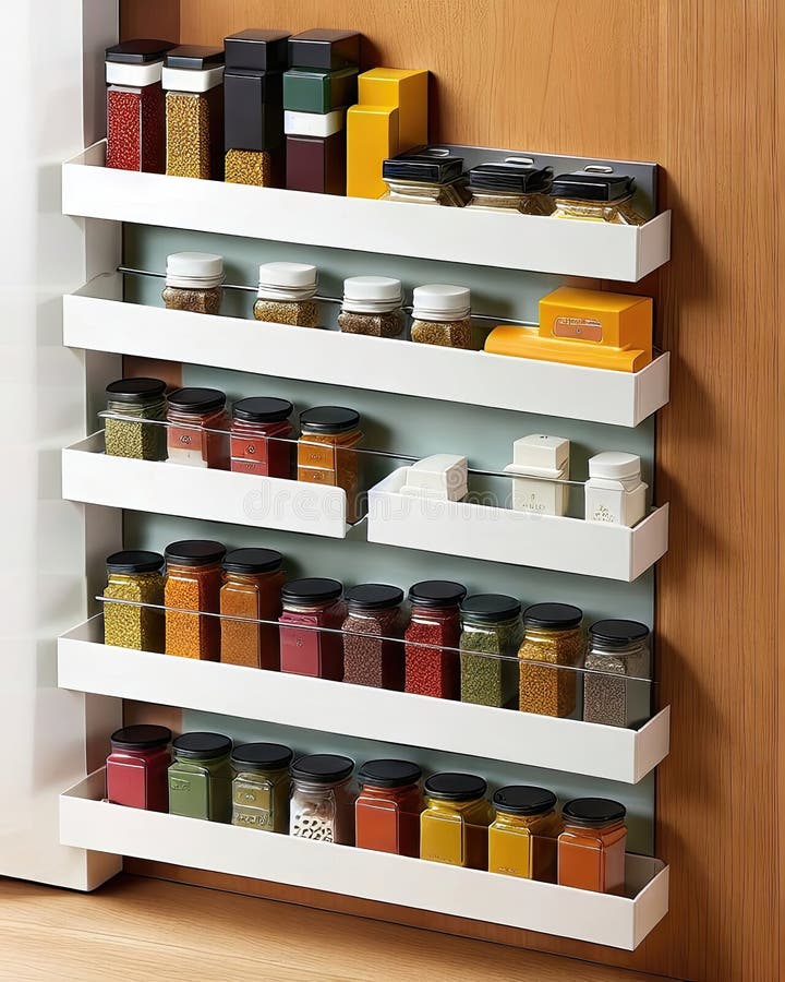 A spice rack with spices stock illustration. Illustration of wood ...