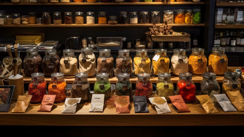 Spice Shop Counter with Overhead Shot Displaying a Variety of Spices ...