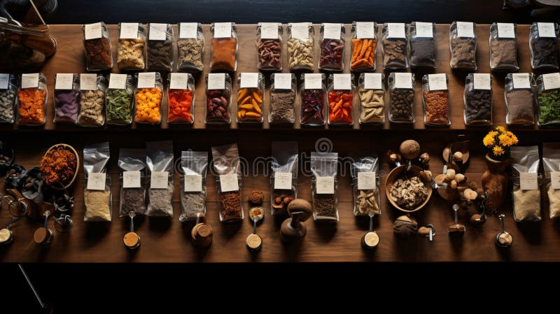 Spice Shop Counter with Overhead Shot Displaying a Variety of Spices ...