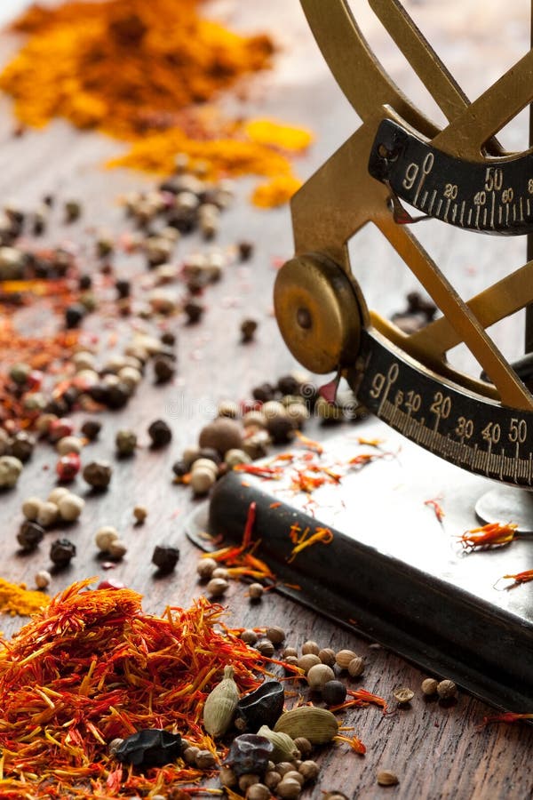 Spices and antique scales stock image. Image of appetite - 13431579