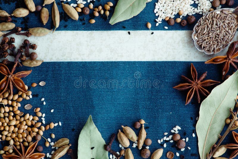 Spices and blue stock image. Image of mood, main, sesame - 48319431