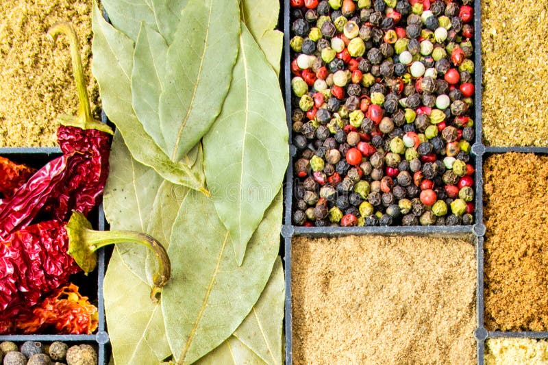 Spices in box. top view stock image. Image of black - 139567713