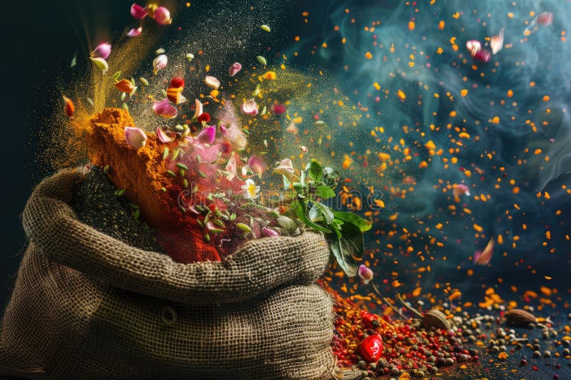 Spices Burst from a Sack: a Colorful Explosion of Spices Spilling Out ...