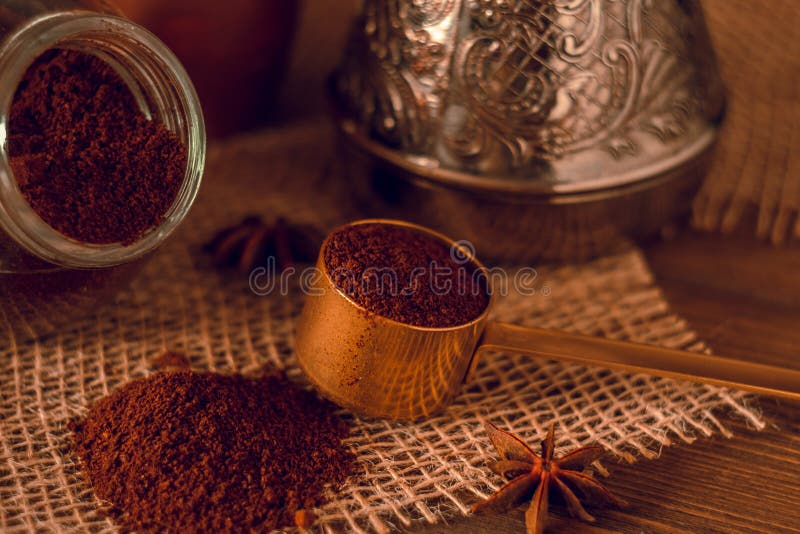 Spices, Coffee and Coffee Pot, Cooking Process. Stock Photo - Image of ...