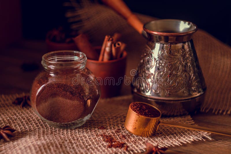 Spices, Coffee and Coffee Pot, Cooking Process. Stock Photo - Image of ...