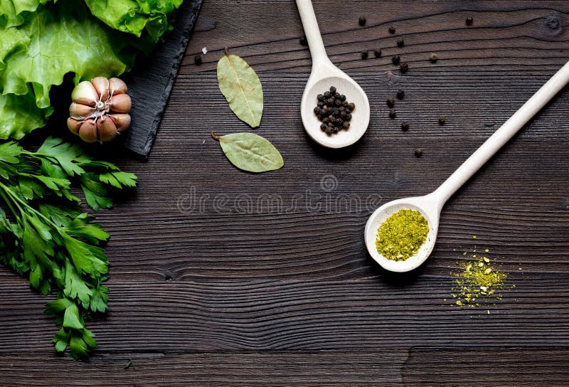 Spices for Cooking on Wooden Table Top View Stock Image - Image of ...