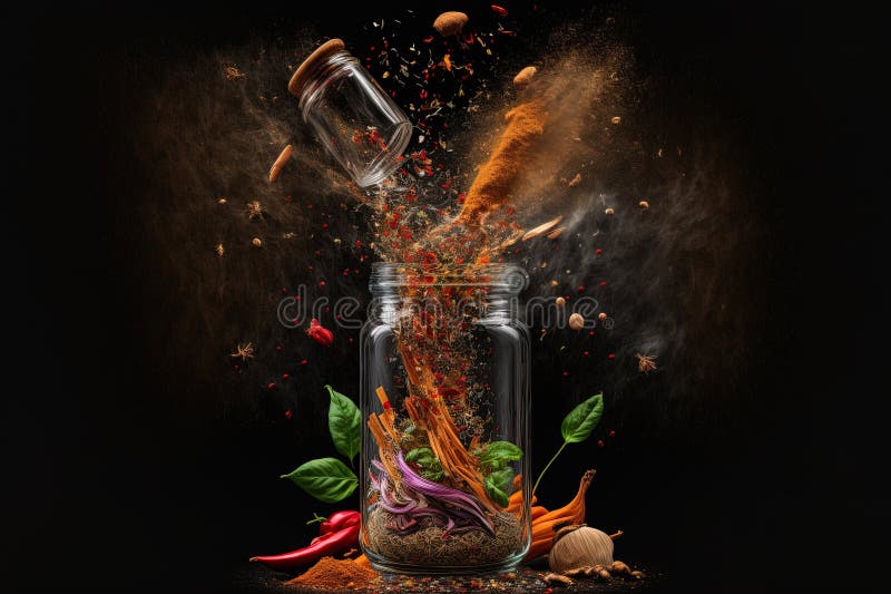 Spices are Falling from a Glass Container. a Rush of Flavors Stock ...