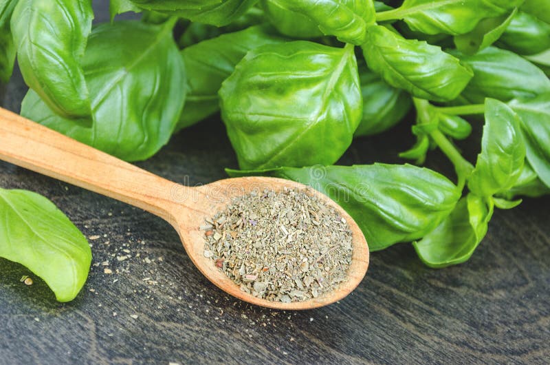 Fresh and ground basil stock photo. Image of powder - 124257296