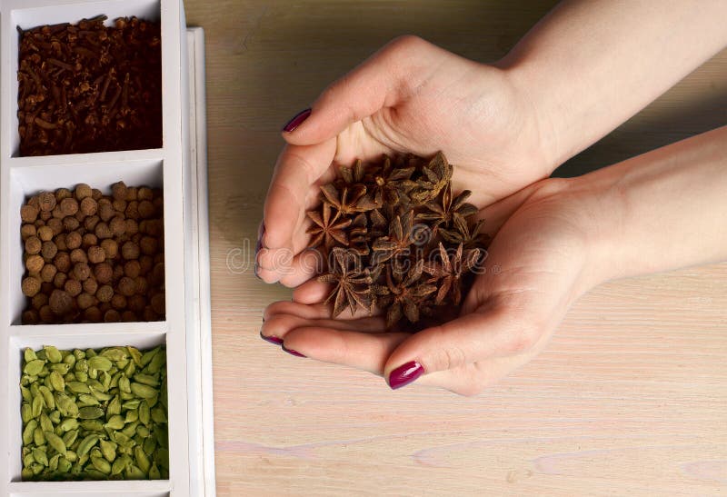 Spices in the Hands on a Wooden Background Stock Image - Image of black ...