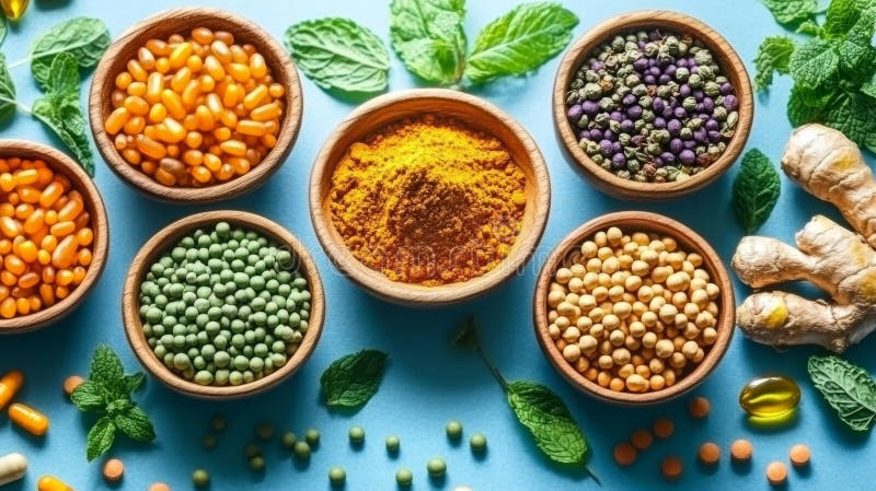 Spices and Herbs in Colorful Bowls Displayed on a Blue Background Stock ...
