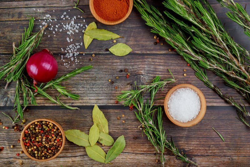 Spices and Herbs on Rustic Wooden Table Stock Image - Image of chili ...
