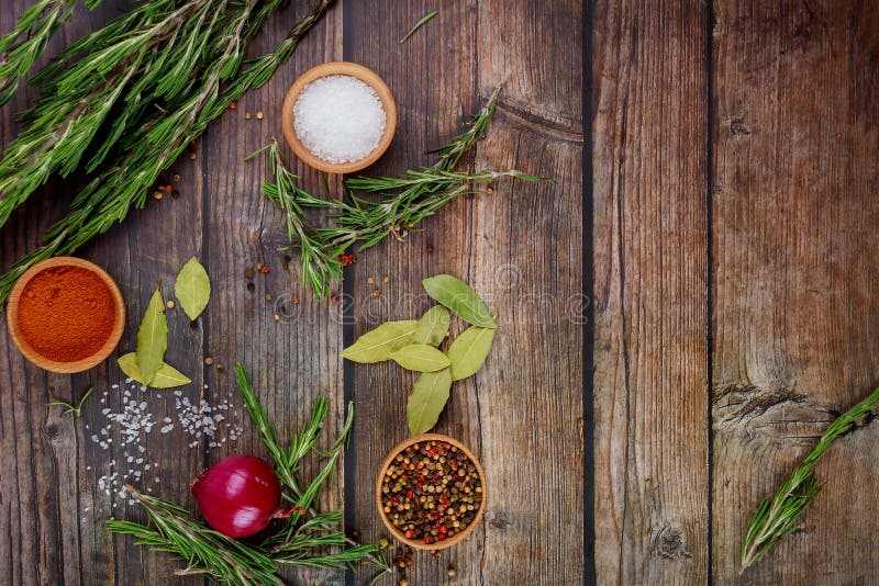 Spices and Herbs on Rustic Wooden Table Stock Photo - Image of pepper ...