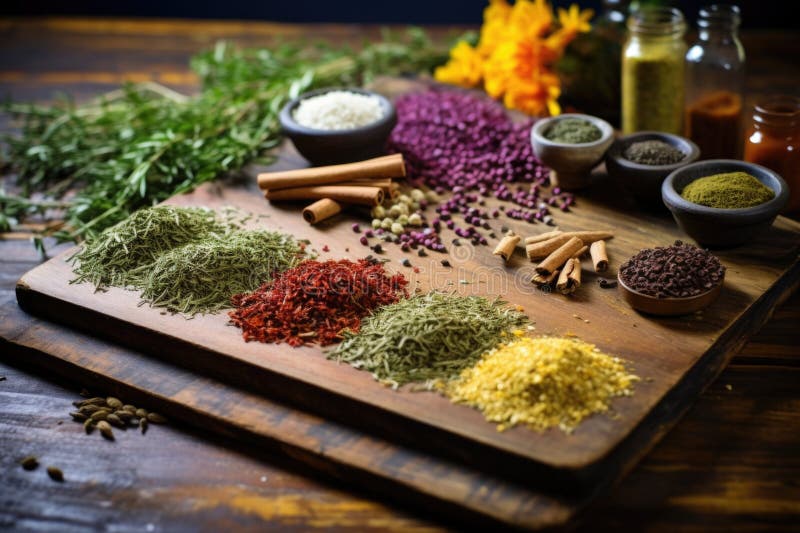 Spices and Herbs Spread Out on a Wooden Board Stock Image - Image of ...