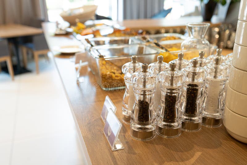 Spices at Hotel Breakfast Buffet, Salt and Pepper Stock Photo - Image ...