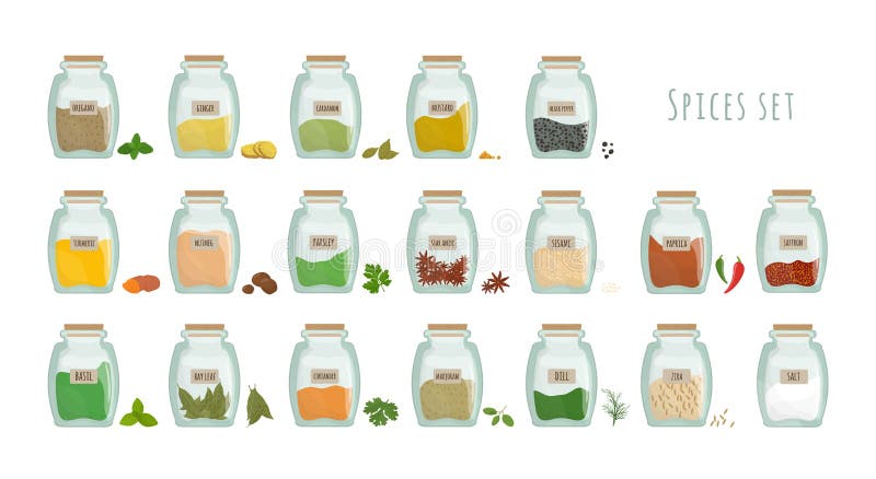 Spices in Jars, Big Set. Collection Flat Vector Illustration. Stock ...