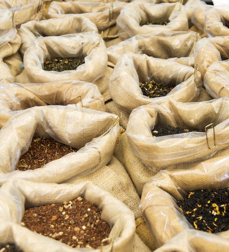 Spices in jute bags stock photo. Image of mill, green - 25352328