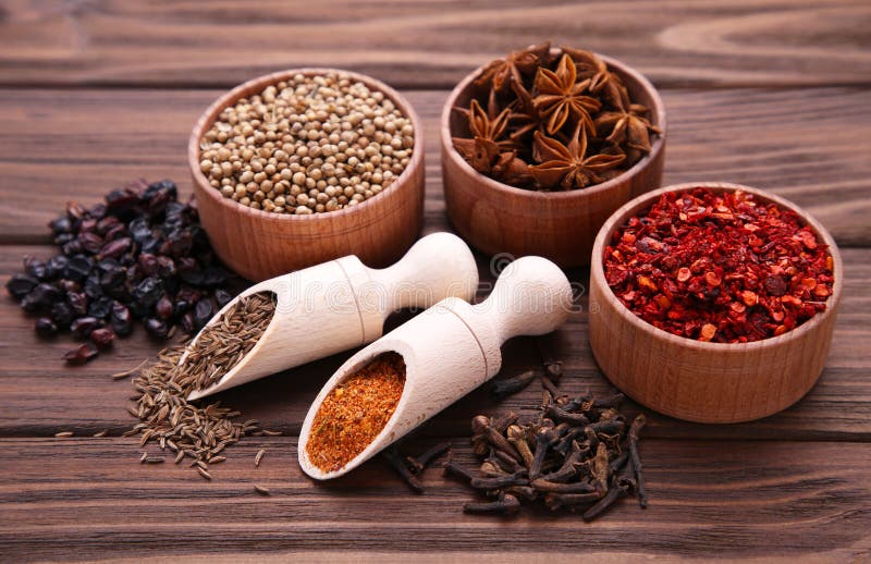 Spices Mix on a Brown Wooden Background. Top View Stock Image - Image ...