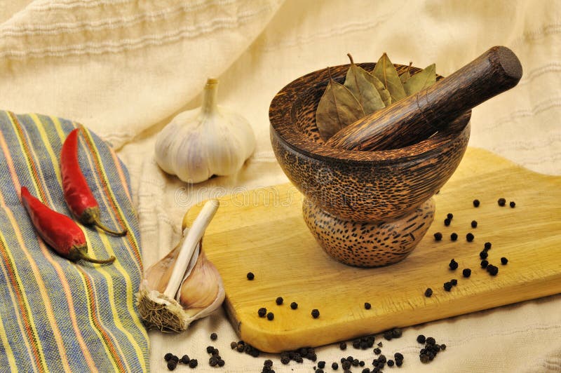 Spices and a Mortar on Kitchen Stock Image - Image of peppercorn, aroma ...