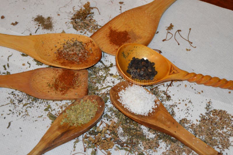 Spices stock image. Image of green, spoon, containers - 52017587