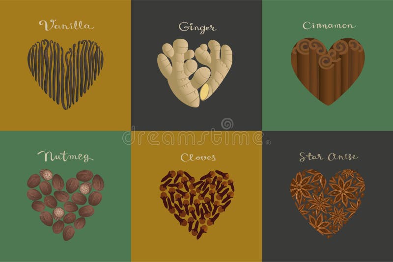 Set of Spices in the Heart Shape. Vanilla, Ginger, Cinnamon, Nutmeg ...