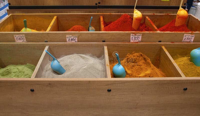 Spices on a shop counter. stock image. Image of ingredient - 210211149