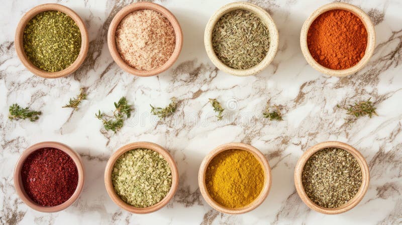 Spices in small bowls stock image. Image of ingredients - 388476591