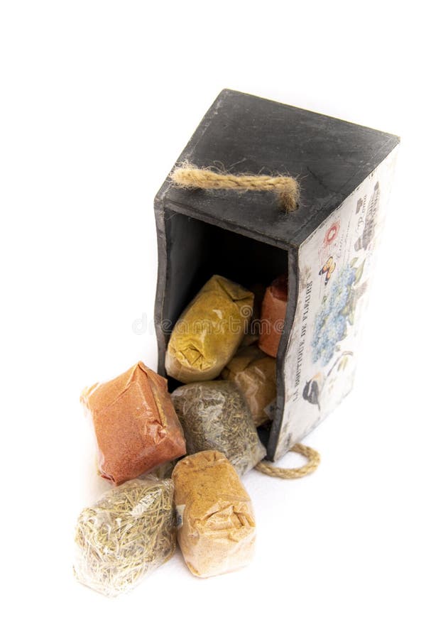 Spices in small packages. stock image. Image of label - 187562503