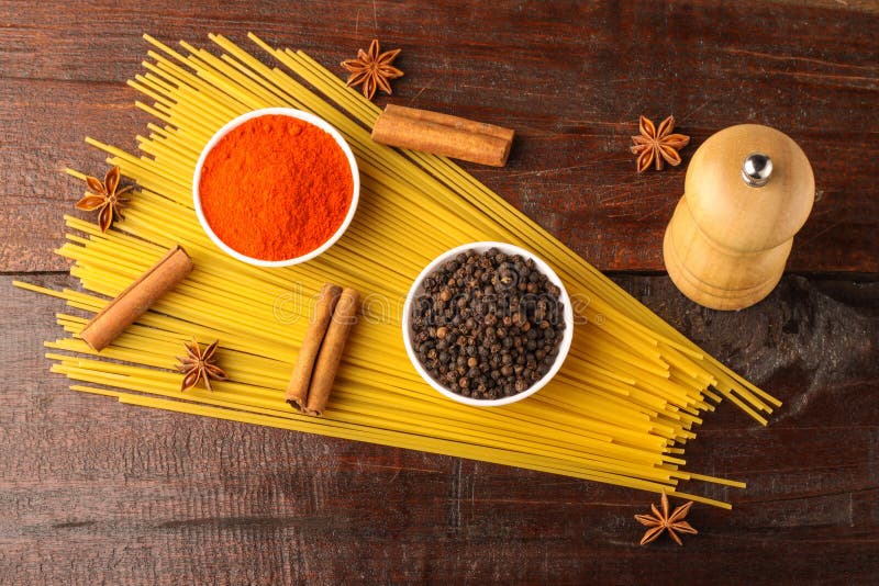 Spices with spaghetti stock photo. Image of cooking, bowl - 59655752