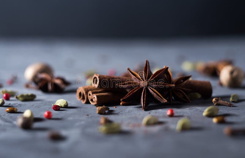 Spices: Star Anise, Cardamom, Cinnamon, Nutmeg on a Gray Background ...