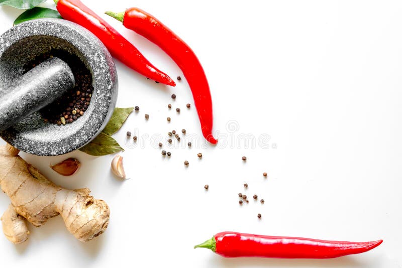 Spices and Stone Mortar White Background Top View Mock Up Stock Photo ...