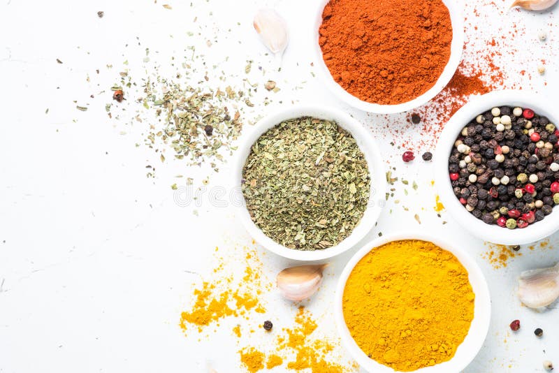 Spices top view on white. stock photo. Image of aromatic - 113054418