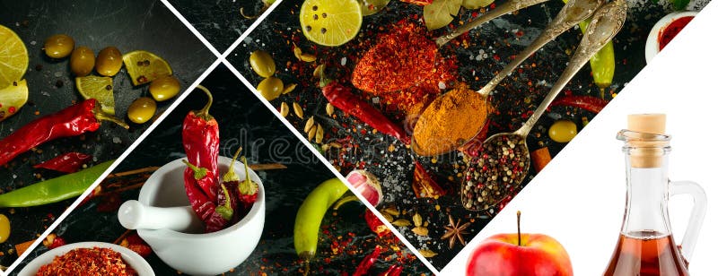 Spices and Vegetable in a Beautiful Collage. Wide Photo Stock Photo ...
