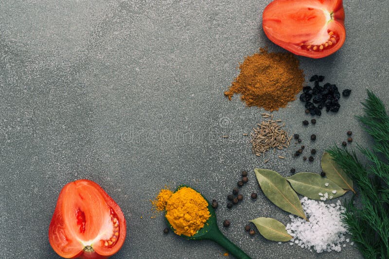 Spices and Vegetables on a Gray Surface. Spices for Pilaf. Gray ...